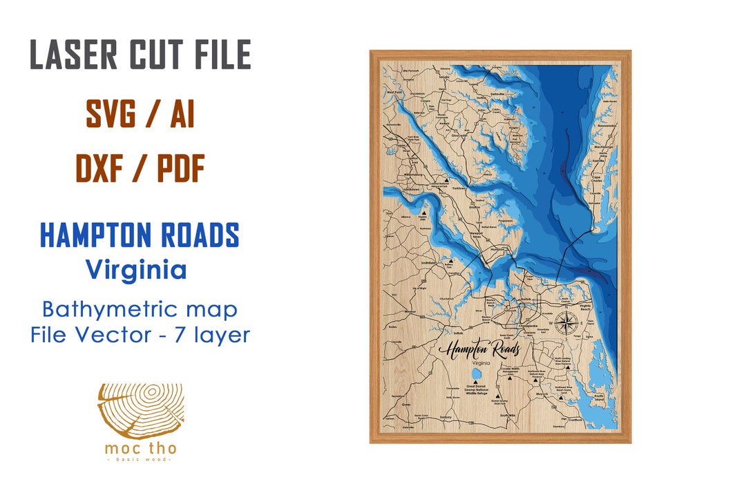 Digital File PDF, SVG - Hampton Roads Virginia, Bathymetric Depth ...