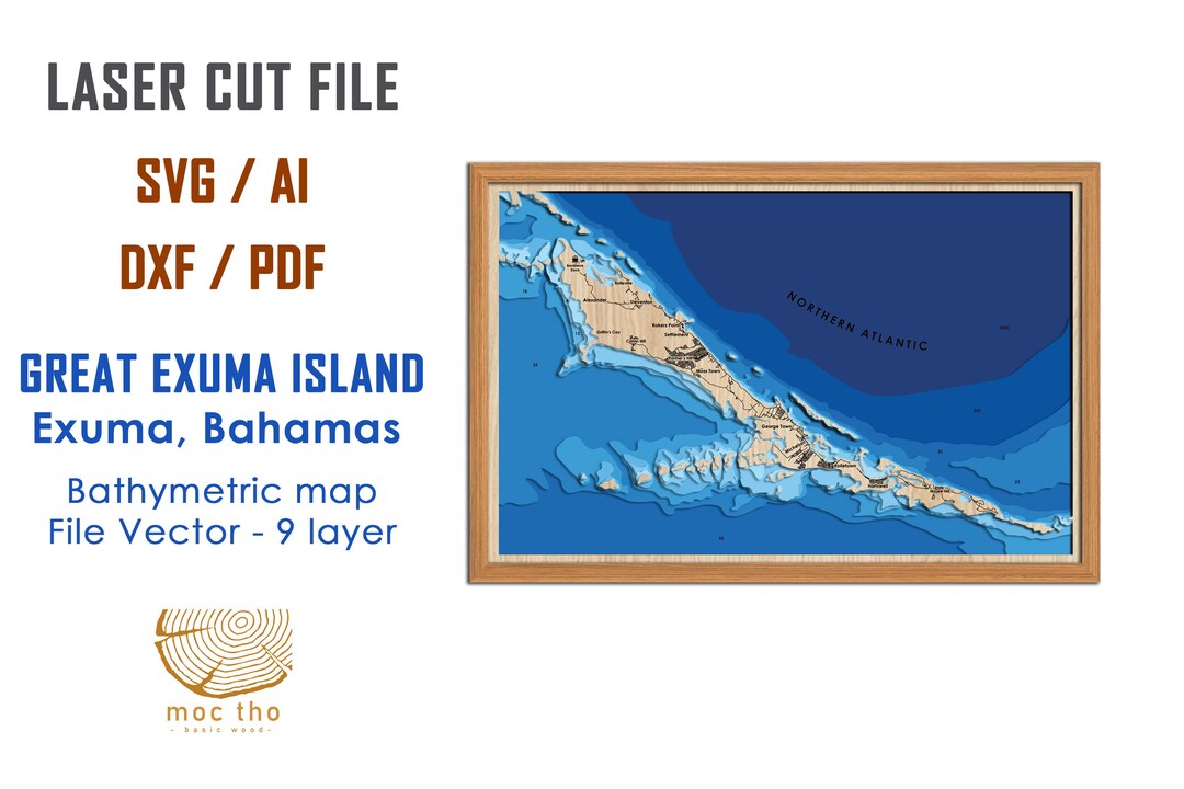 Digital File PDF, SVG Great Exuma Island, Bahamas Bathymetric Depth ...