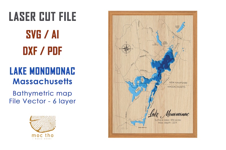 Digital File PDF, SVG - Lake Monomonac New Hampshire Massachusetts ...
