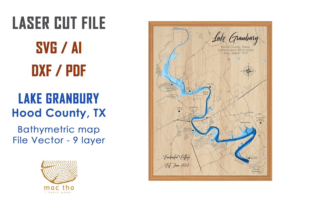Digital File PDF, SVG - Lake Granbury in Texas Map Bathymetric Depth ...