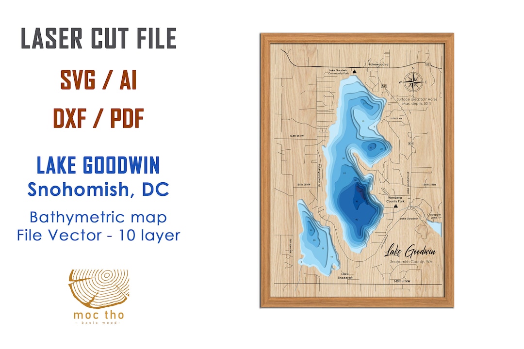Digital File PDF, SVG Lake Goodwin, Bathymetric Depth Layers SVG File ...