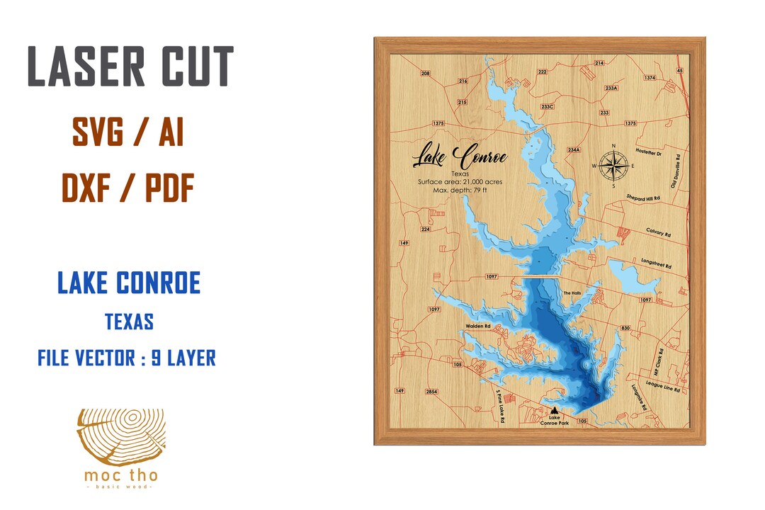 Digital File PDF, SVG - Lake Conroe, Texas Bathymetric Depth Layers SVG ...