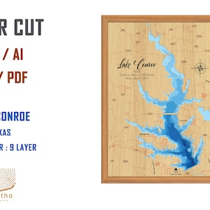 Digital File PDF, SVG - Lake Conroe, Texas Bathymetric Depth Layers SVG ...