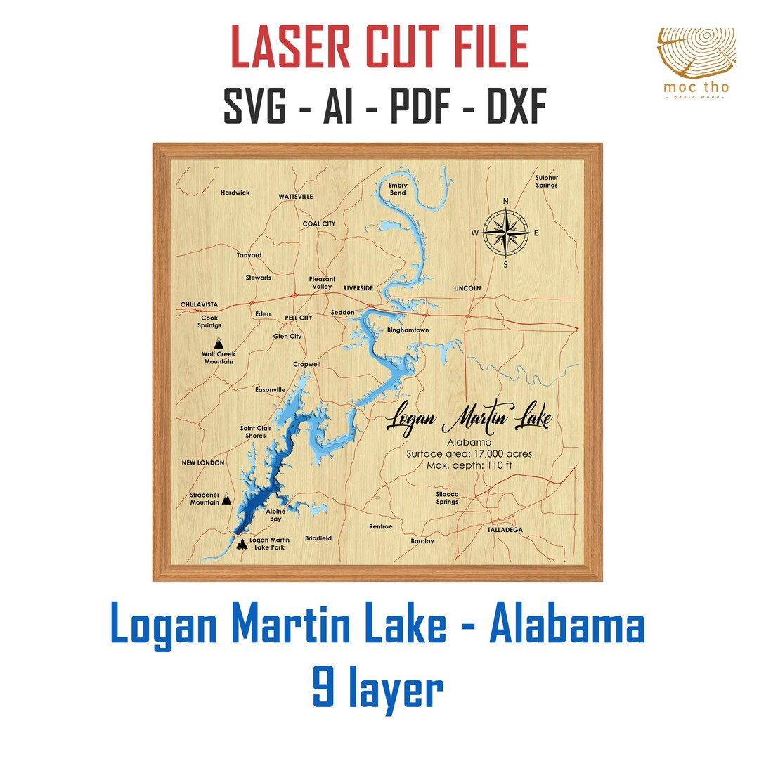 Digital File PDF, SVG - Logan Martin Lake Alabama Bathymetric Depth ...