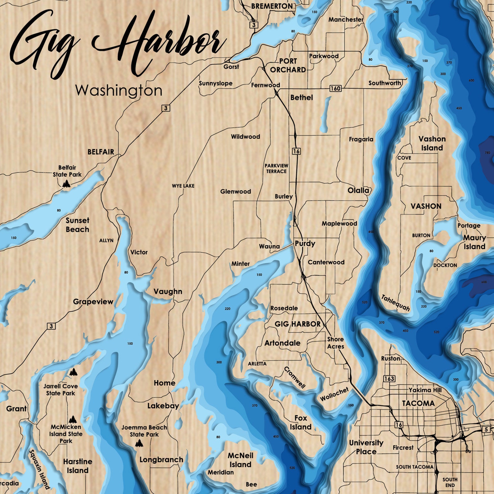 Digital File PDF, SVG - Gig Harbor Washington, Bathymetric Depth Layers ...