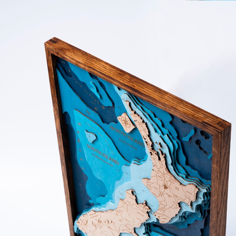 New Zealand Map Wood Bathymetric Map Custom Wood Lake River - Etsy