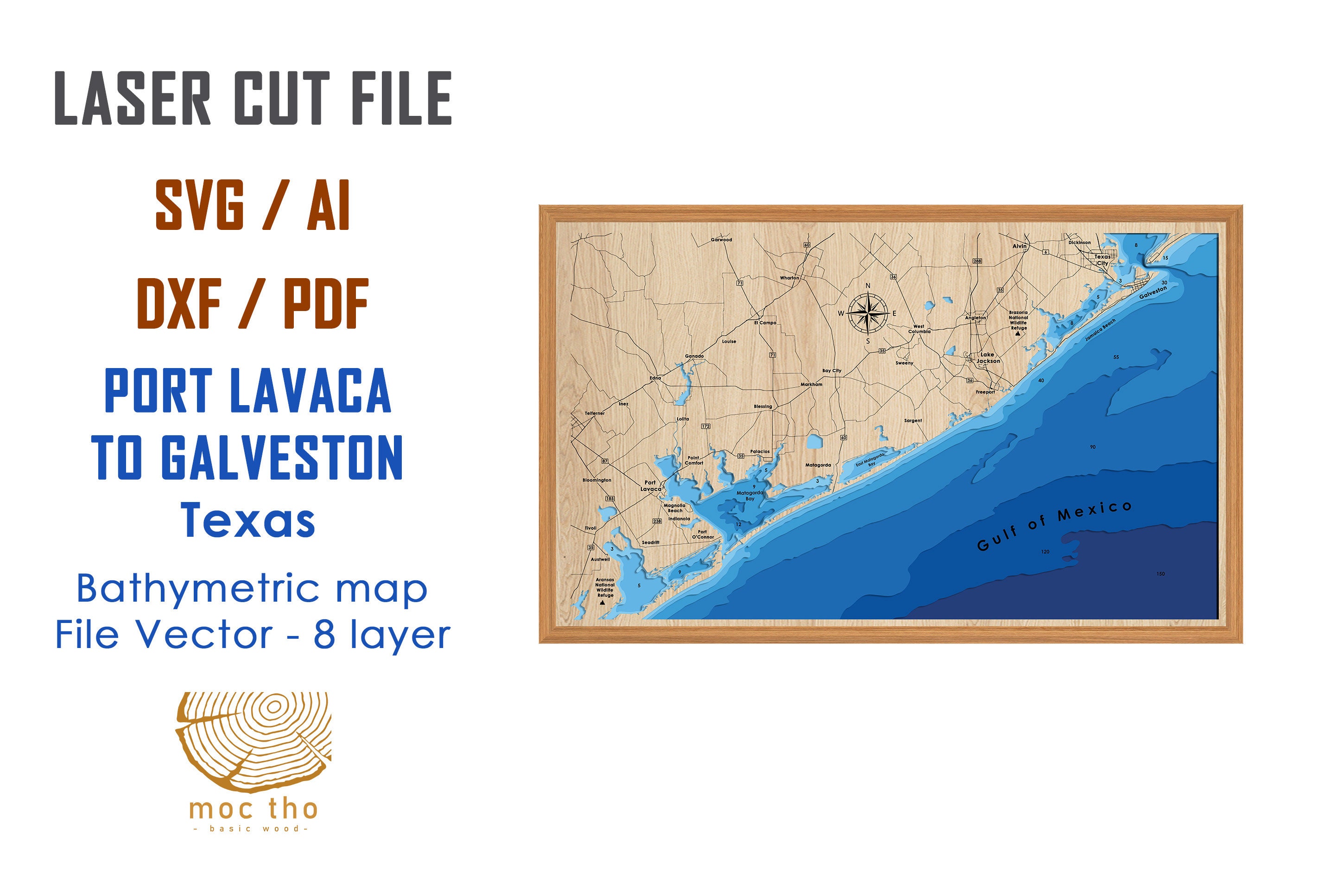 Digital File PDF, SVG - Port Lavaca to Galveston Texas, Bathymetric ...