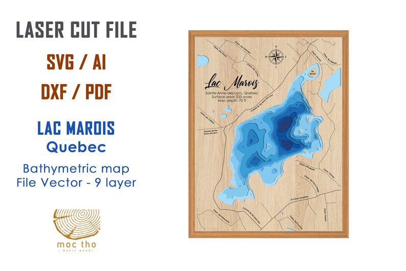 Digital File PDF, SVG - Lac Marois Quebec Map Bathymetric Depth Layers ...