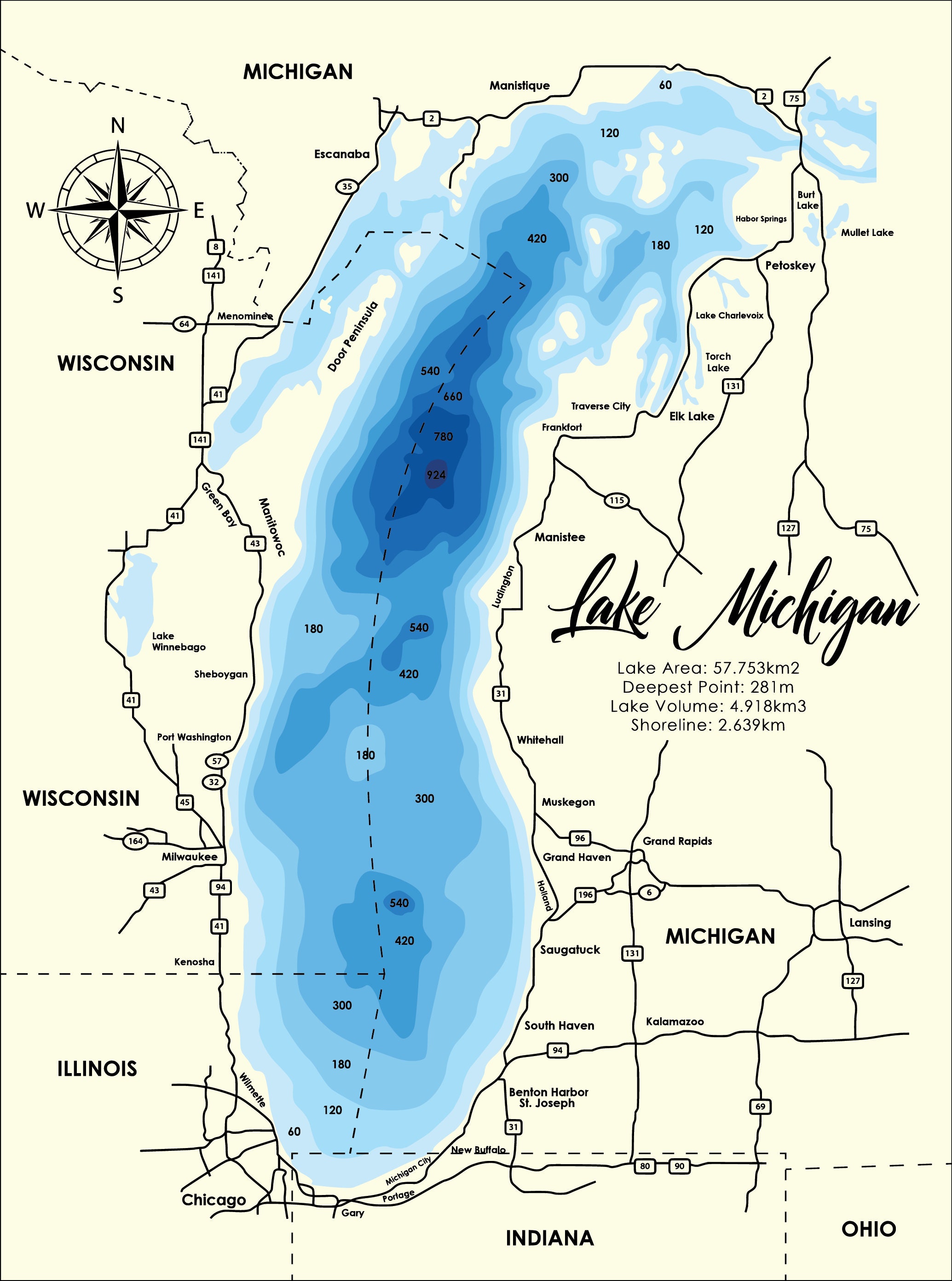 Digital File DXF, AI, SVG - Michigan Lake Map Wood Bathymetric Map ...
