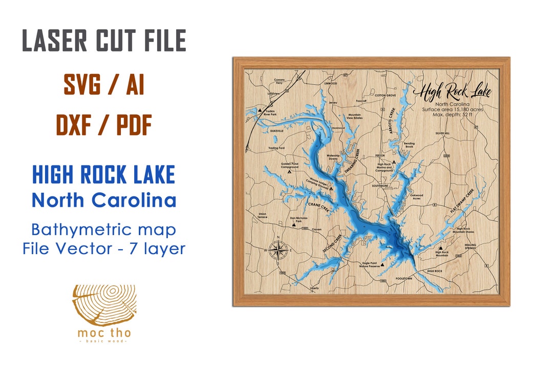 Digital File PDF, SVG - High Rock Lake North Carolina Map, Bathymetric ...