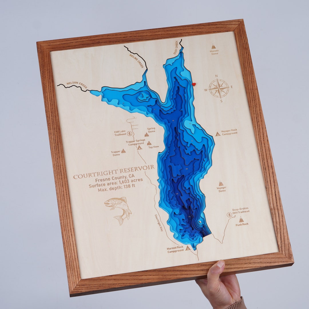 Courtright Reservoir California Wood Map 3D Custom Lake, Island, Coast ...