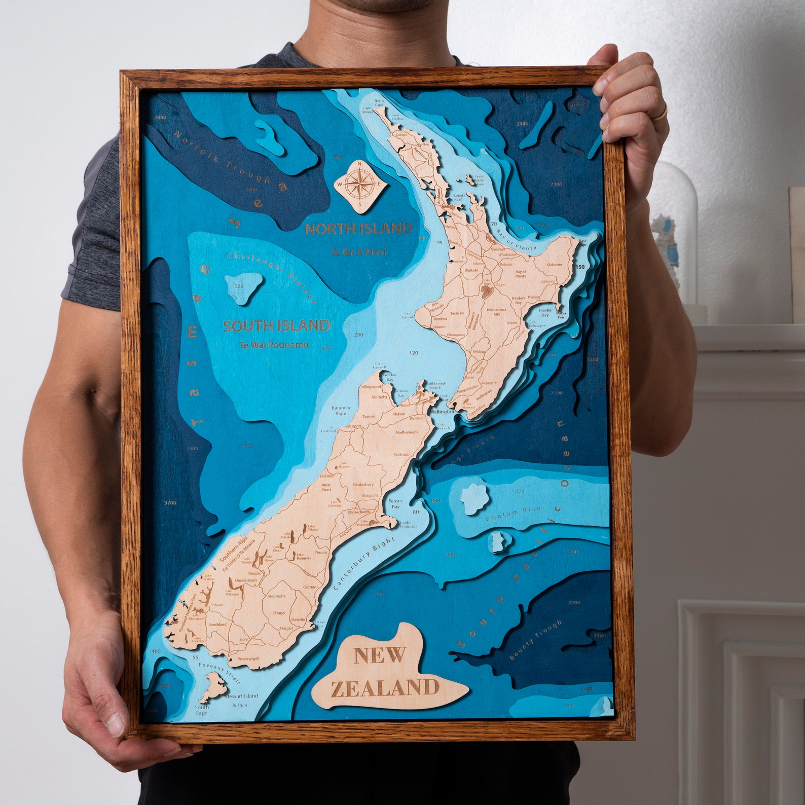 New Zealand Map Wood Bathymetric Map Custom Wood Lake River - Etsy