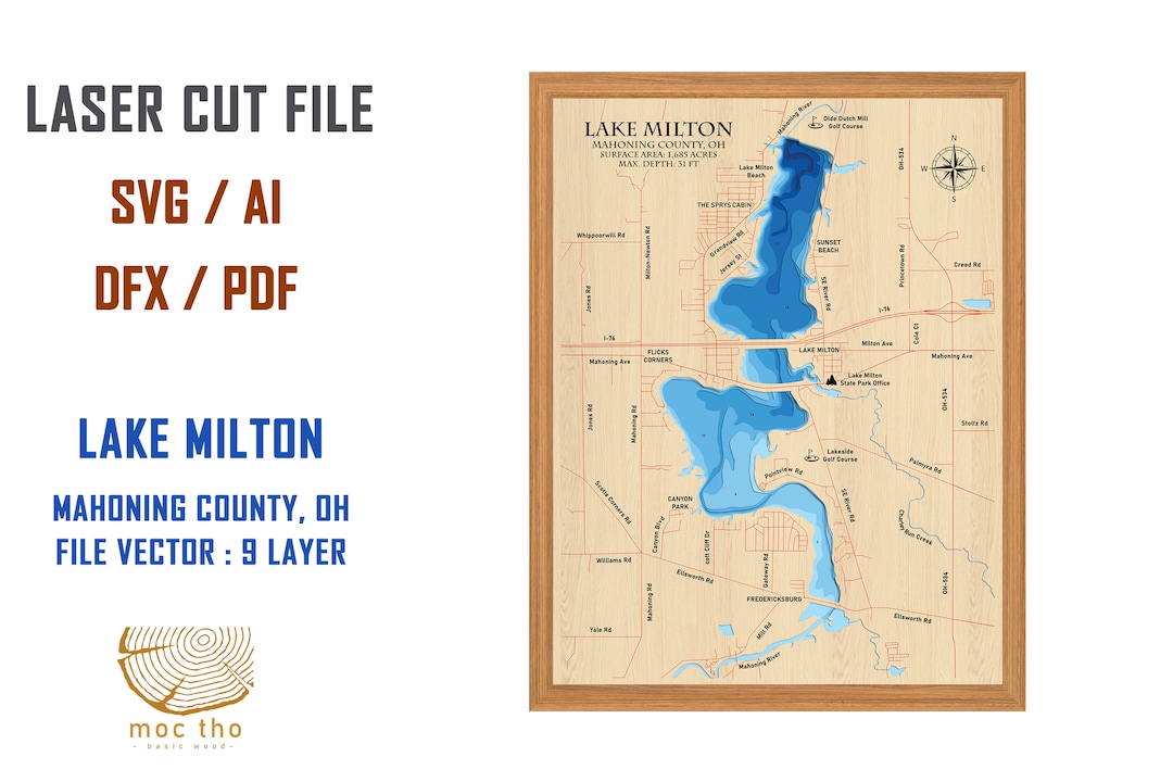 Digital File PDF, SVG - Lake Milton Ohio Map Bathymetric Depth Layers ...