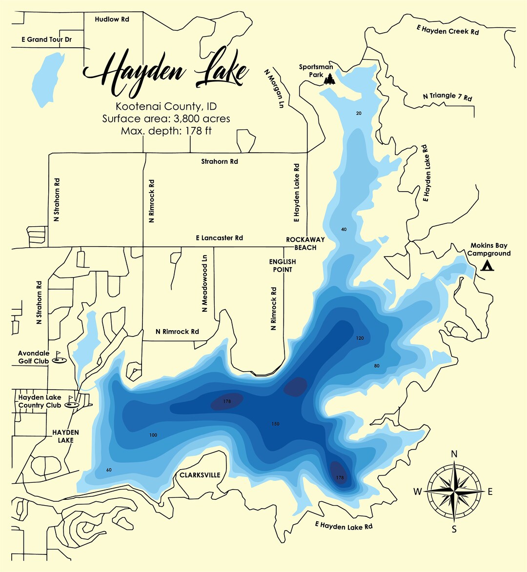 Digital File PDF, SVG - Hayden Lake Idaho Map, Bathymetric Depth Layers ...