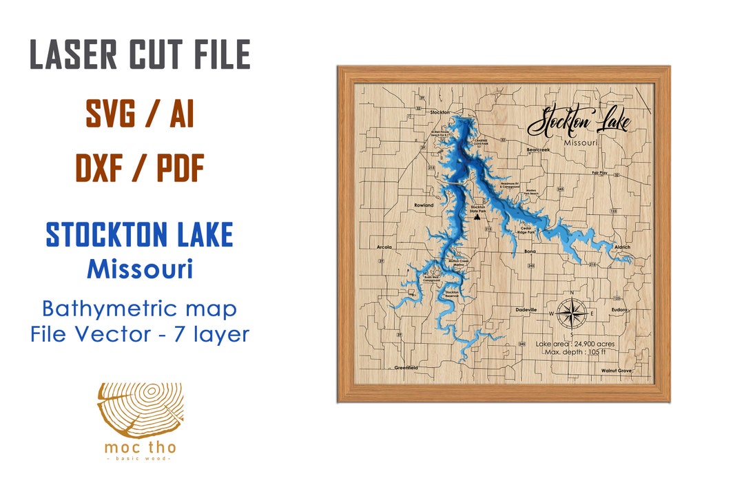 Digital File PDF, SVG - Stockton Lake, Missouri Bathymetric Depth ...