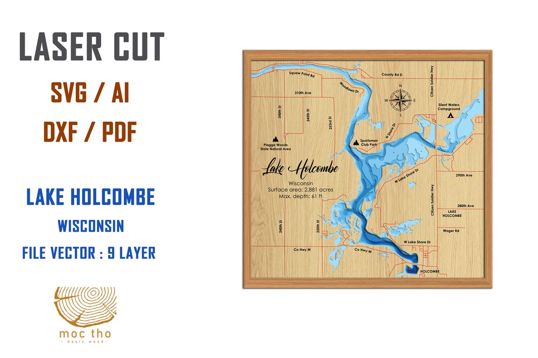 Digital File PDF, SVG - Lake Holcombe Wisconsin Bathymetric Depth ...
