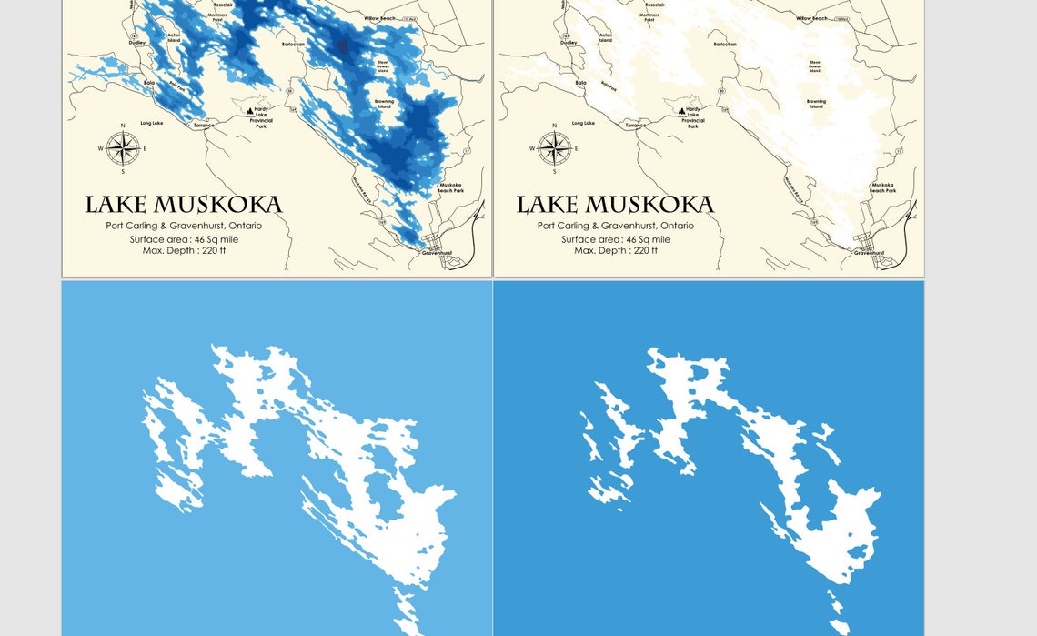 Digital File PDF, SVG - Lake Muskoka Ontario Map Bathymetric Depth ...