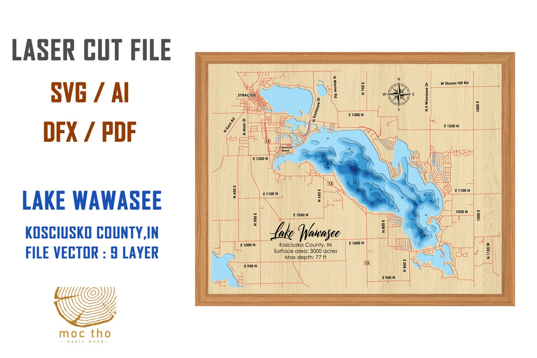 Digital File PDF, SVG - Lake Wawasee Indiana Map Bathymetric Depth ...