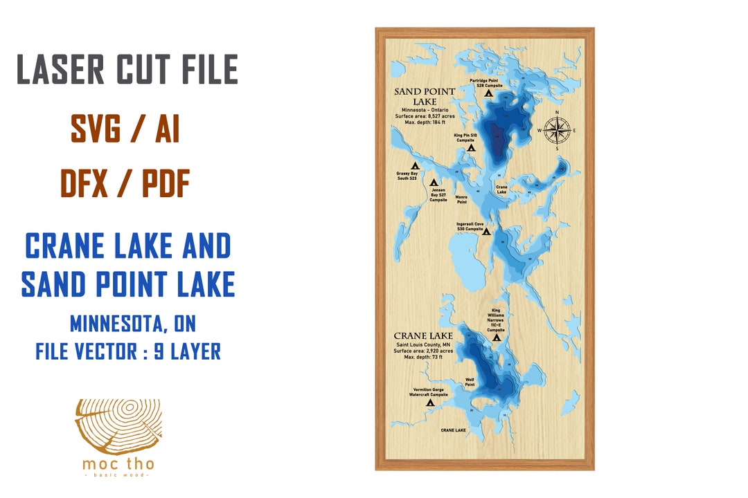 Digital File PDF, SVG - Crane Lake and Sand Point Lake Map Bathymetric ...