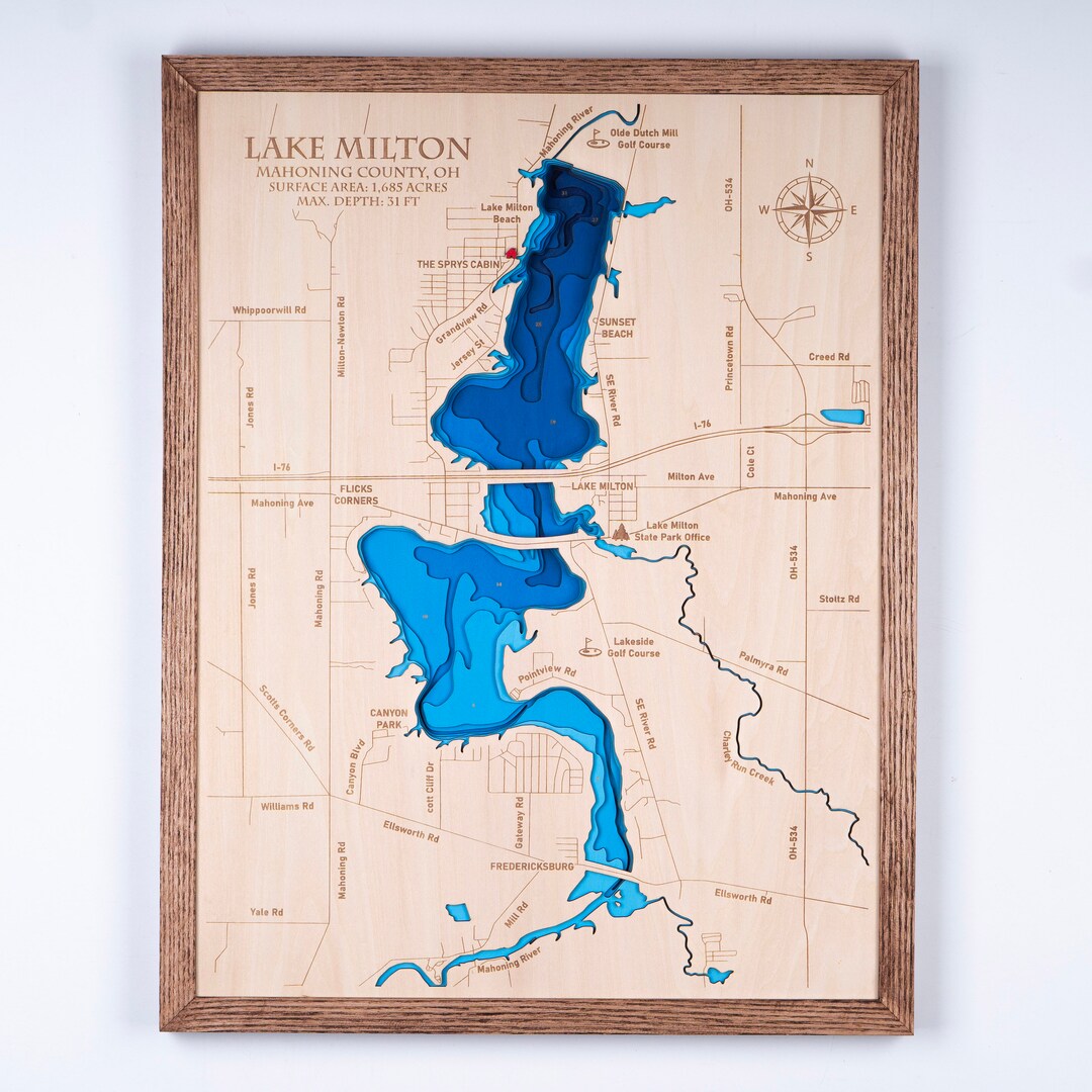 Lake Milton Ohio Wood Map 3D Custom Lake, Island, Coast Map Bathymetric ...