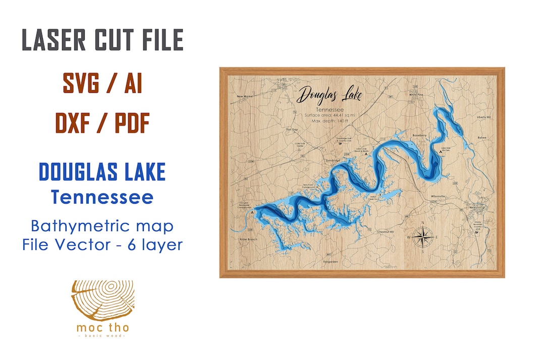 Digital File PDF, SVG - Douglas Lake Tennessee , Bathymetric Depth ...