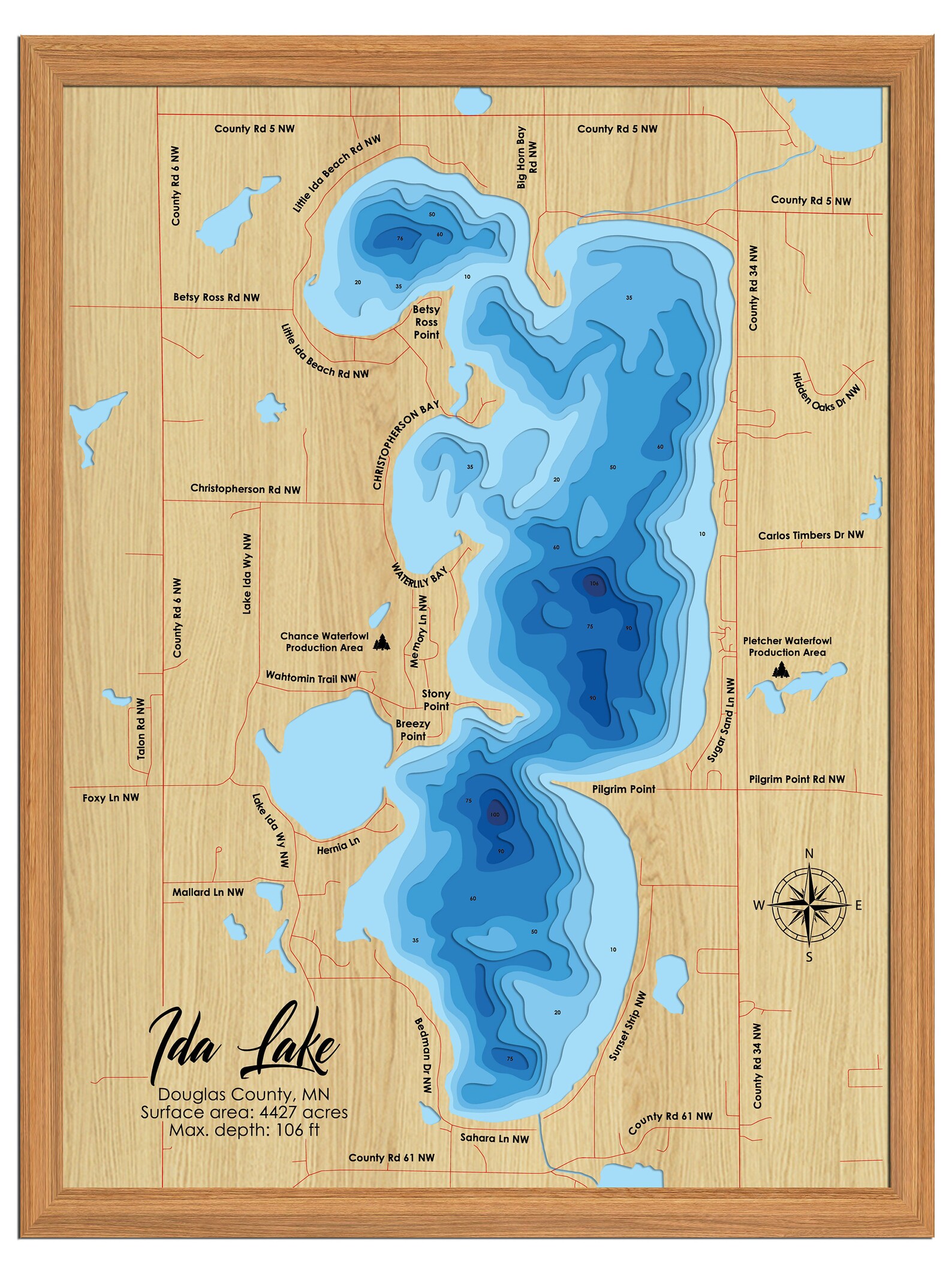 Digital File PDF, SVG - Lake Ida Douglas Minnesota Bathymetric Depth ...