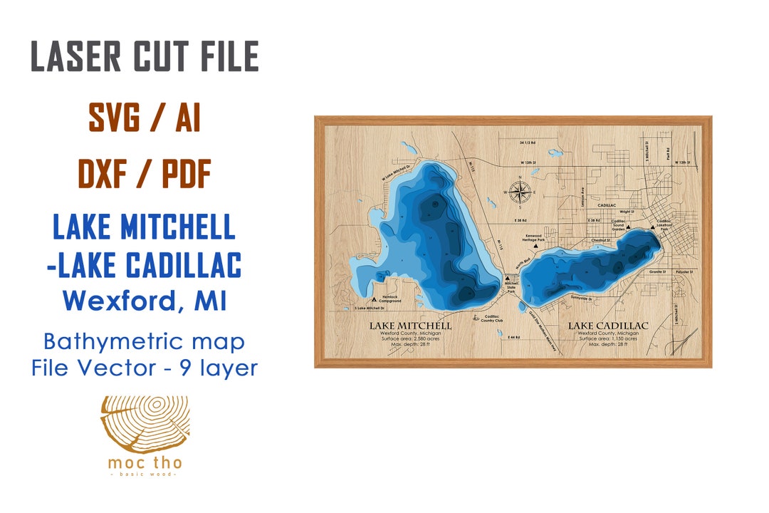 Digital File PDF, SVG - Lake Mitchell Lake Cadillac Map Bathymetric ...