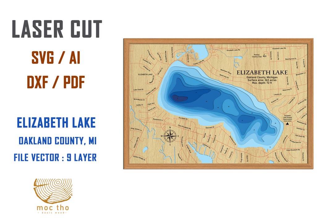 Digital File PDF, SVG - Elizabeth Lake Waterford Twp Michigan Map ...