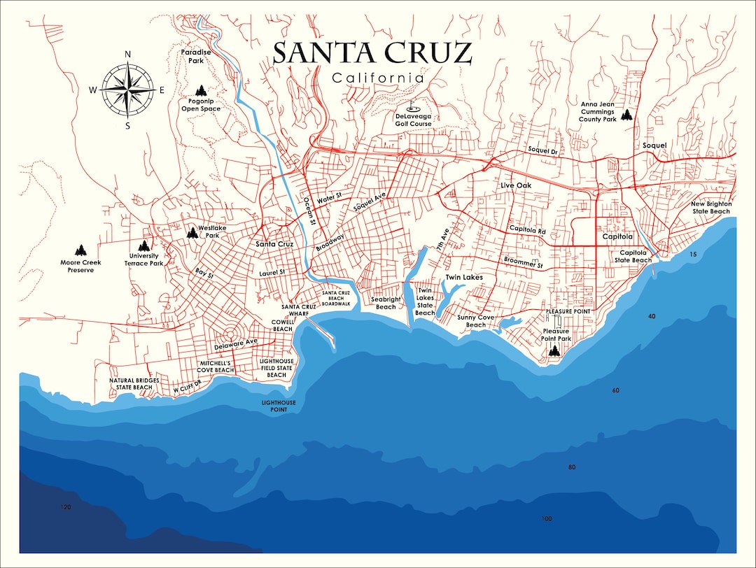 Digital File PDF, SVG Santa Cruz California Bathymetric Depth Layers ...