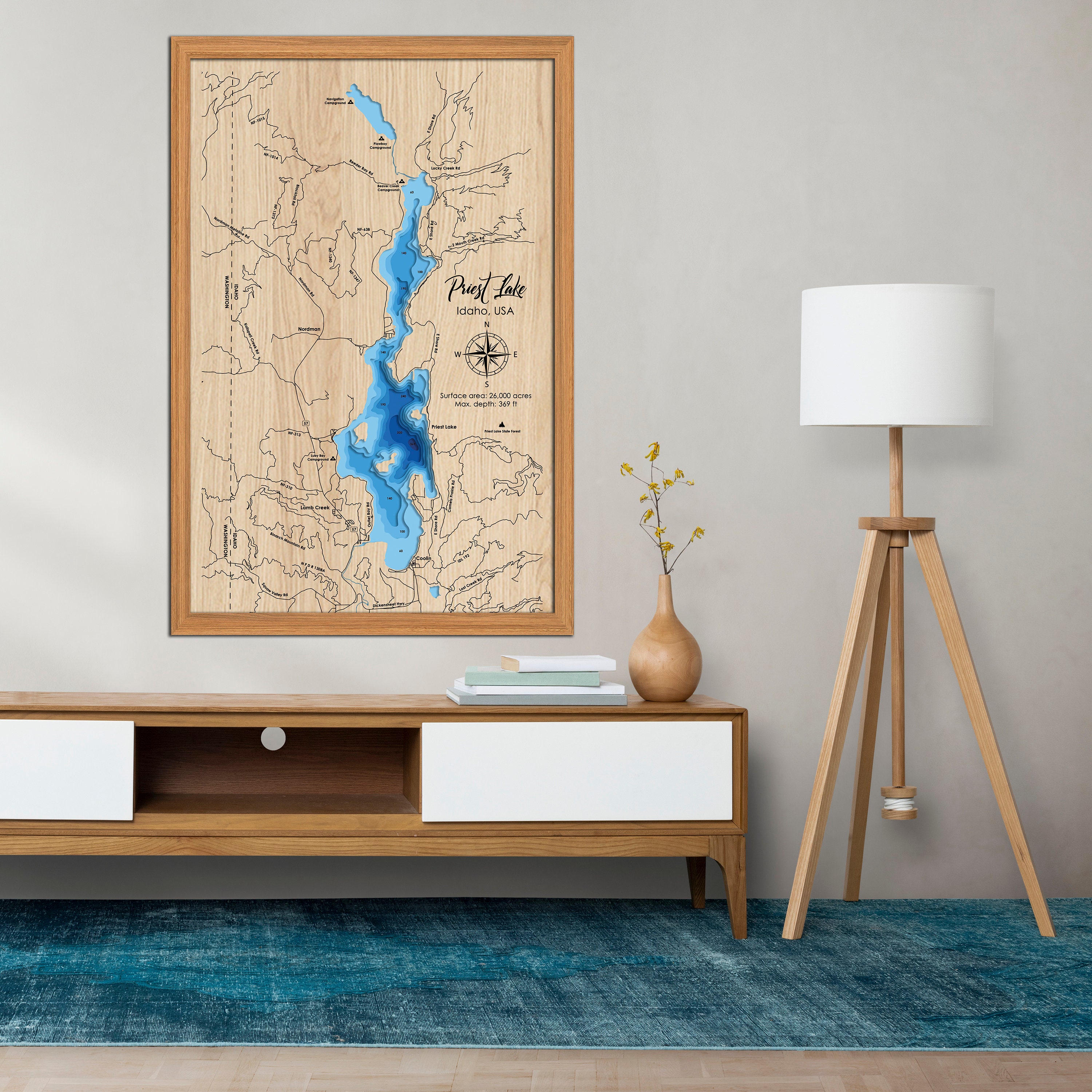 Digital File PDF, SVG - Priest Lake Idaho Map Bathymetric Depth Layers ...