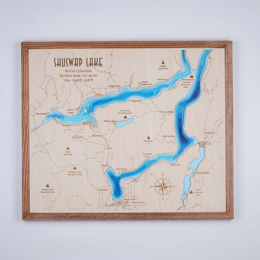 Shuswap Lake Canada Wood Map 3D Custom Lake, Island, Coast Map ...
