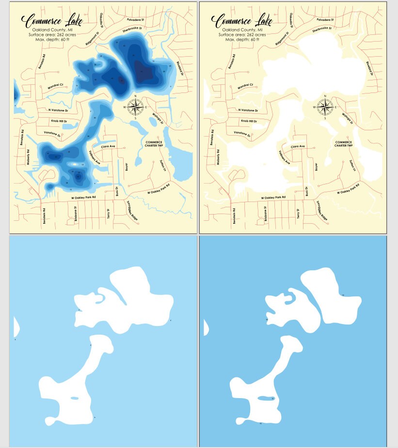 Digital File PDF, SVG - Commerce Lake Michigan Map Bathymetric Depth ...