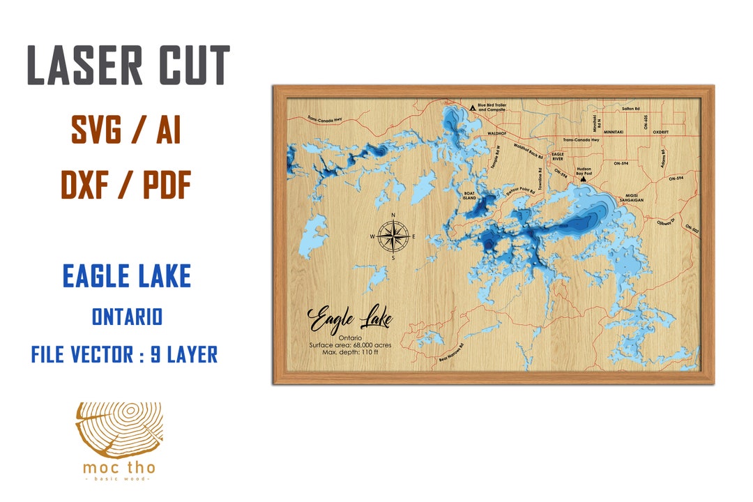 Digital File PDF, SVG - Eagle Lake Ontario Map Bathymetric Depth Layers ...