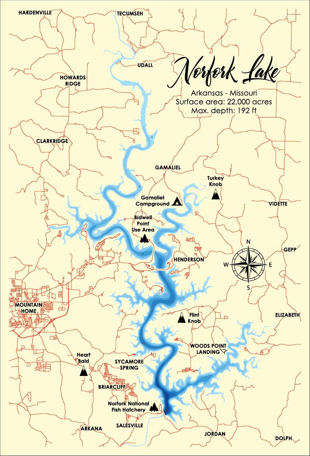 Digital File PDF, SVG Lake Norfork Missouri Arkansas, Bathymetric Depth ...