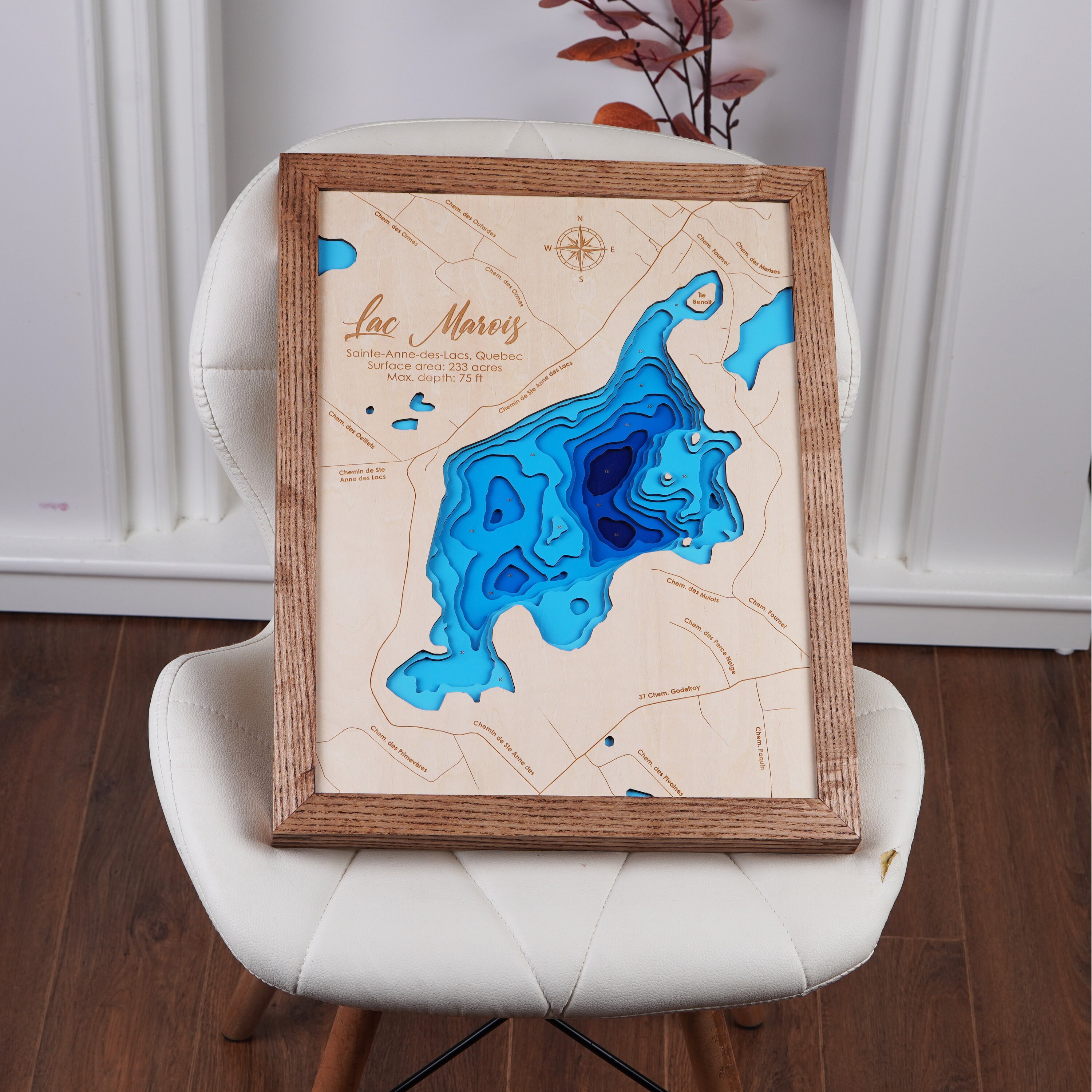 Lac Marois Sainte Anne Des Lacs, Quebec Wood Map 3D Custom Lake, Island ...