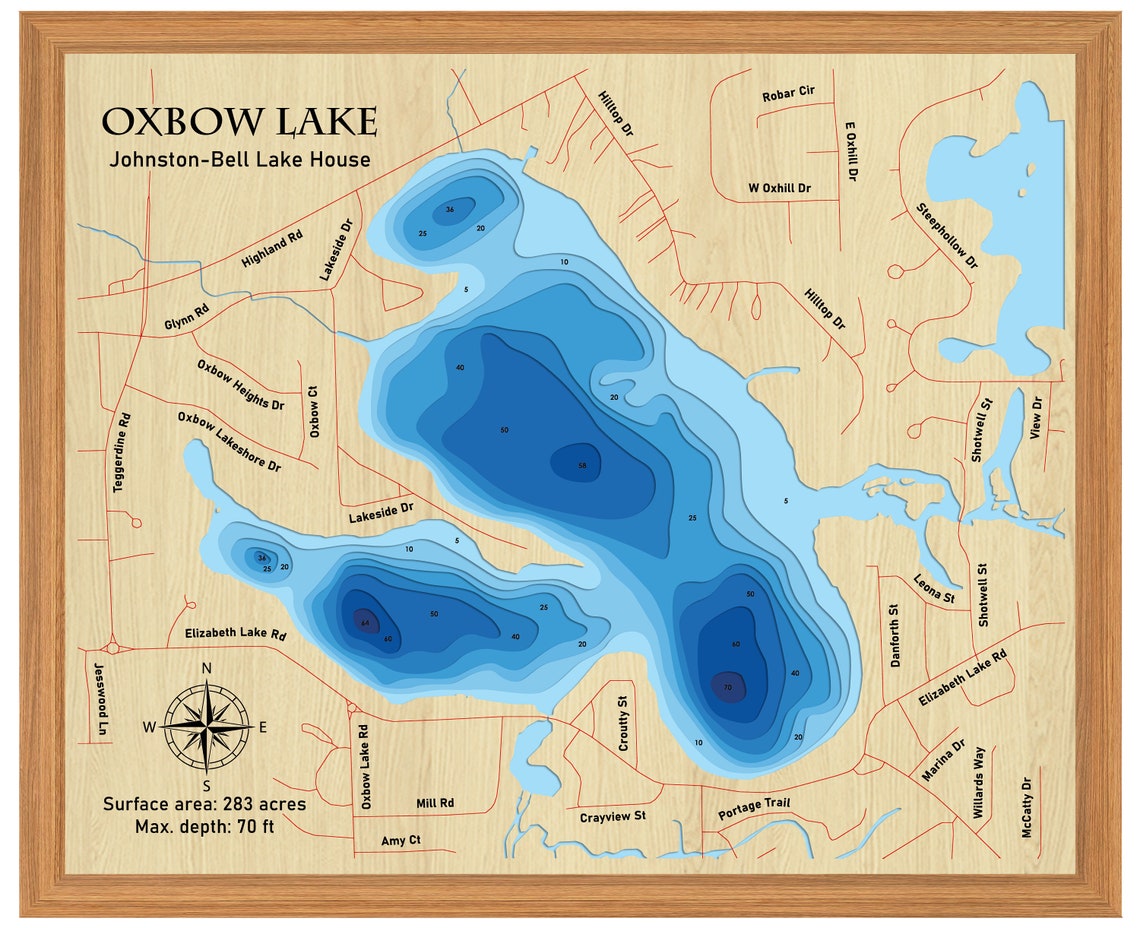 Digital File PDF, SVG - Oxbow Lake Michigan Map Bathymetric Depth ...