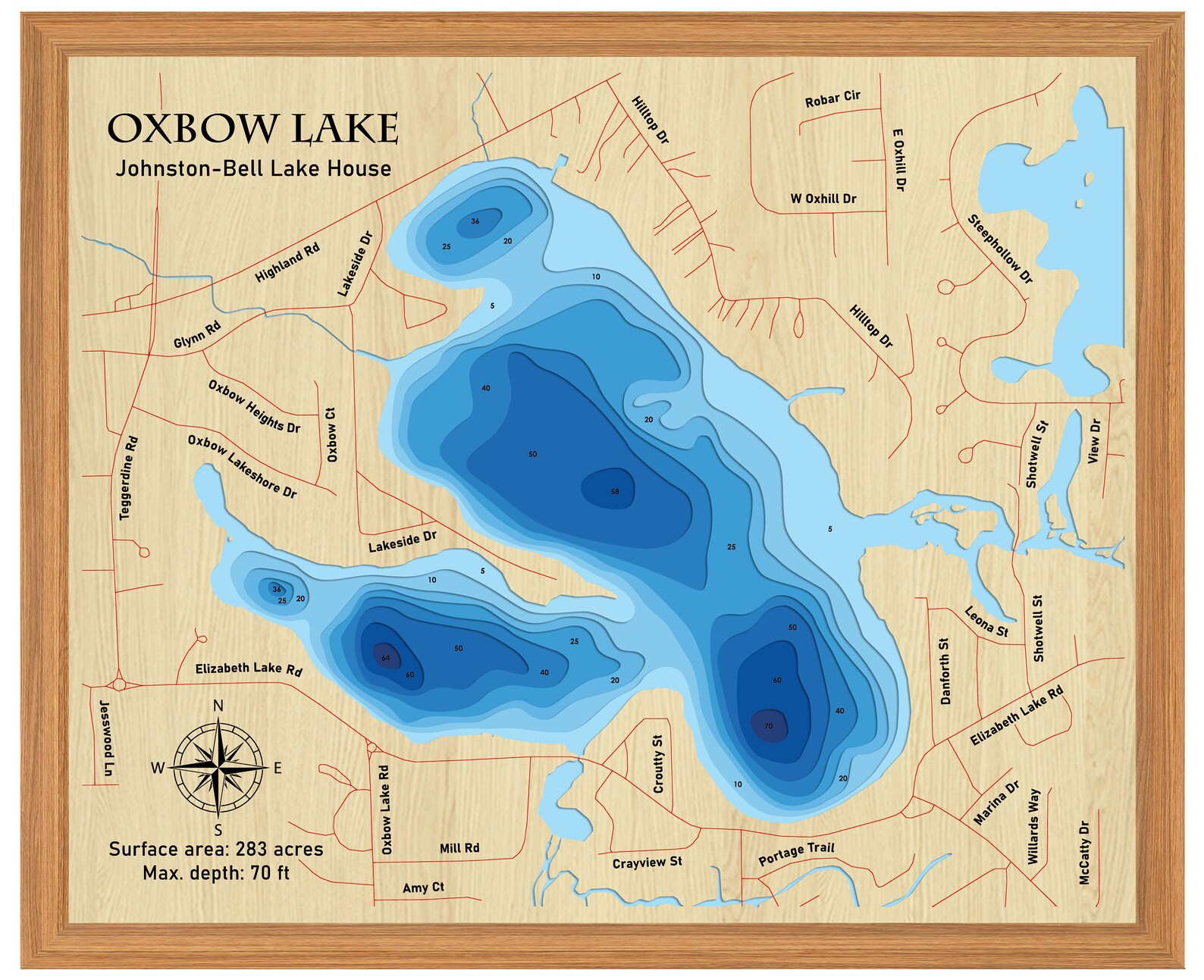 Digital File PDF, SVG - Oxbow Lake Michigan Map Bathymetric Depth ...