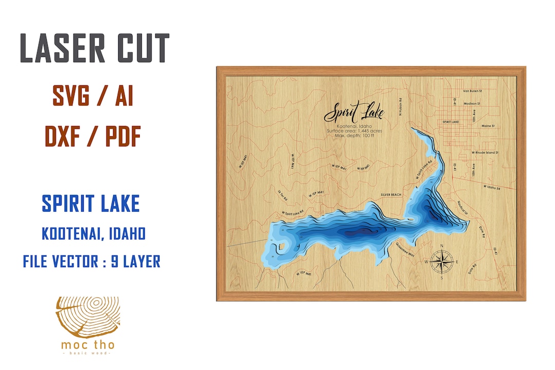 Digital File PDF, SVG - Spirit Lake Idaho Lake Map, Bathymetric Depth ...