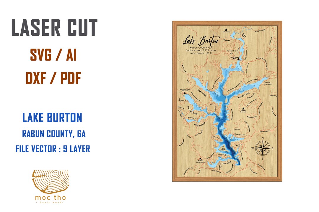 Digital File PDF, SVG - Lake Burton Georgia Map, Bathymetric Depth ...