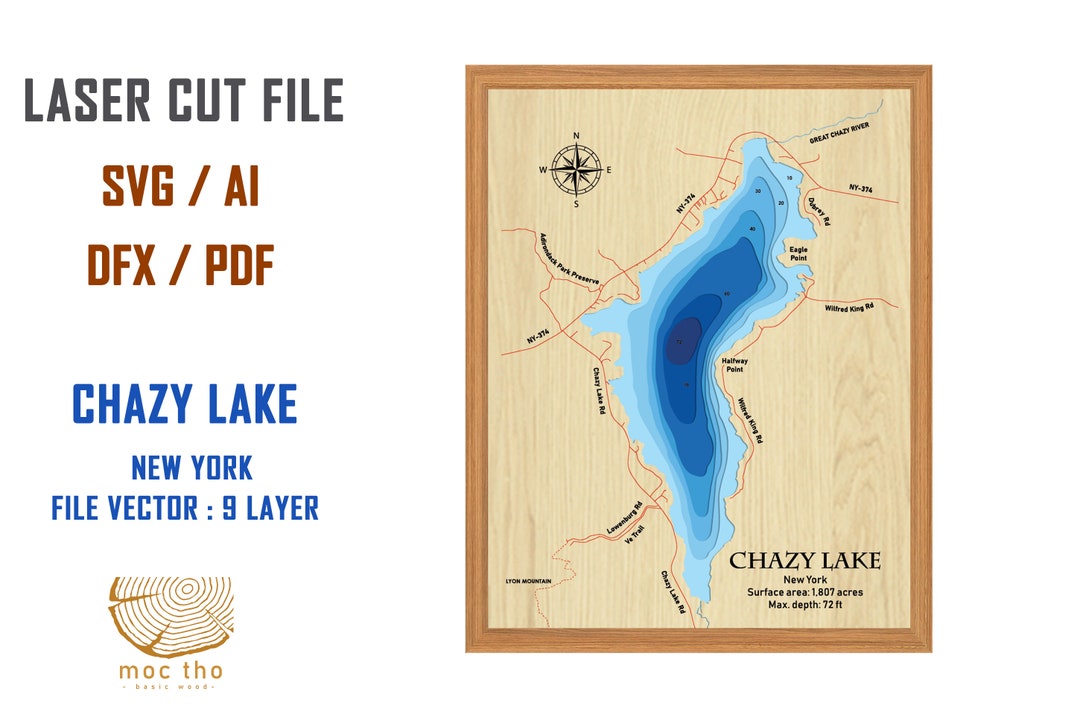 Digital File PDF, SVG - Chazy Lake New York Map Bathymetric Depth ...