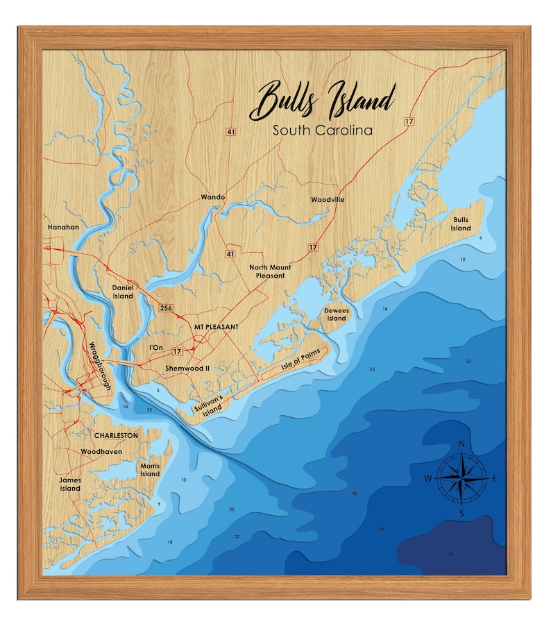 Digital File PDF, SVG - Bulls Island South Carolina, Bathymetric Depth ...