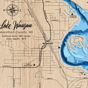 Digital File PDF, SVG - Lake Wausau Marathon Wisconsin Bathymetric ...