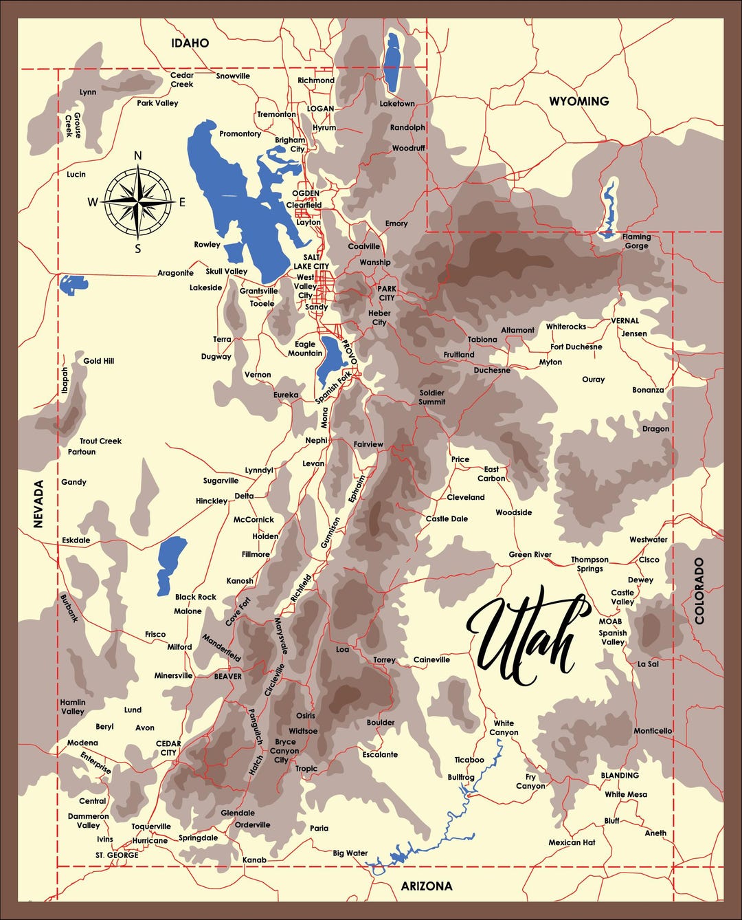 Digital File PDF, SVG - Utah State Bathymetric Map Depth Layers SVG ...