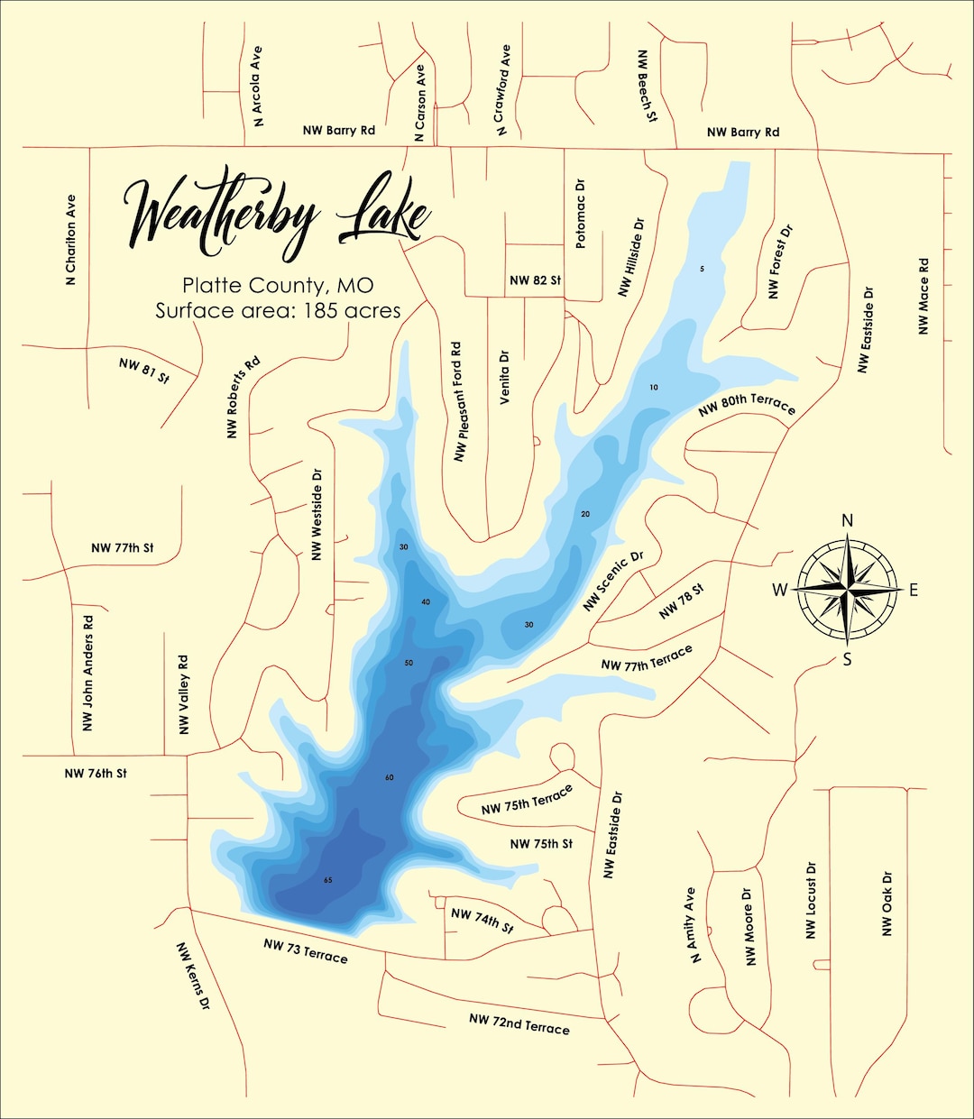 Digital File PDF, SVG Weatherby Lake Missouri Bathymetric Depth Layers ...