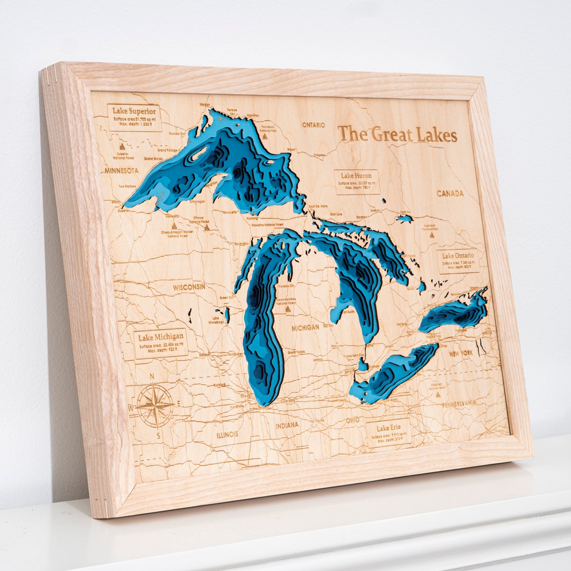 The Great Lakes Map Wood - Custom 3D Map Wood Bathymatric Map, Custom ...