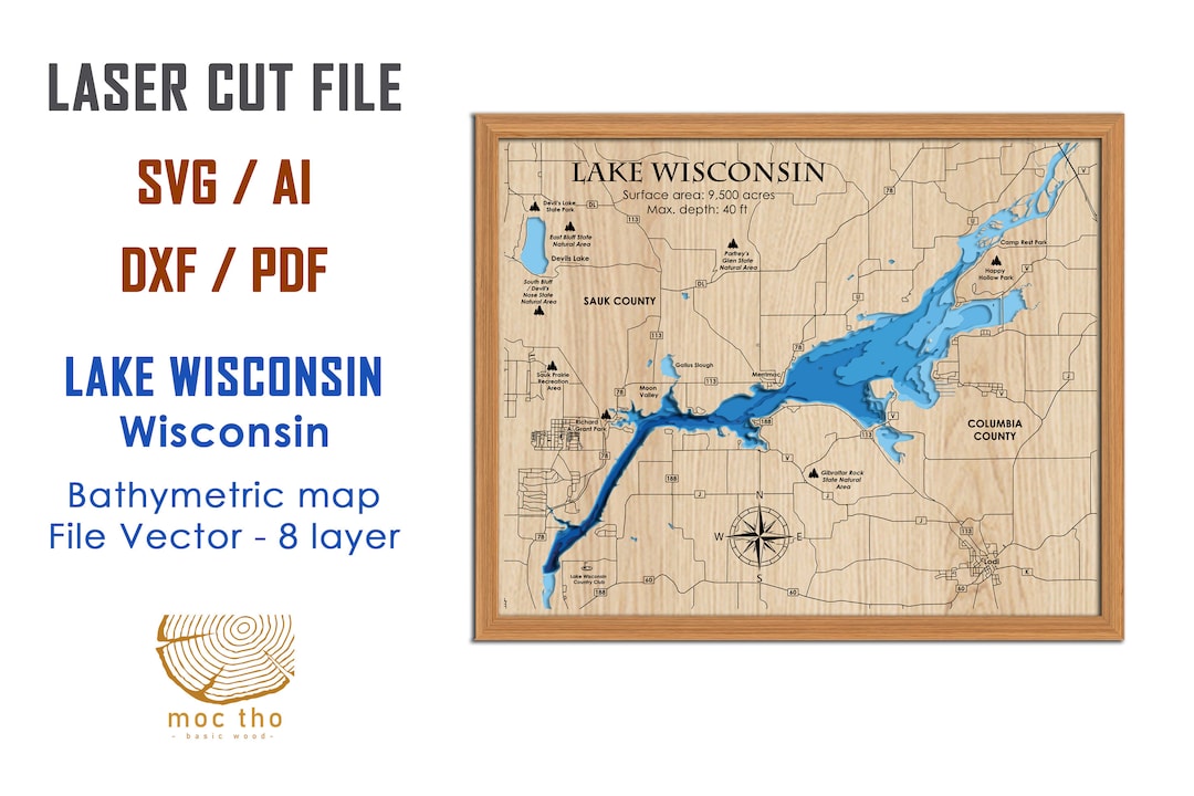 Digital File PDF, SVG - Lake Wisconsin, Wi Bathymetric Depth Layers SVG ...