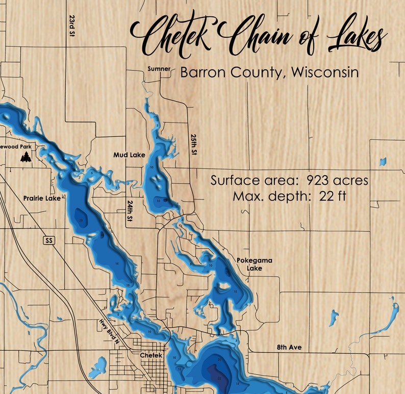 Digital File PDF, SVG - Lake Chetek Wisconsin, Bathymetric Depth Layers ...