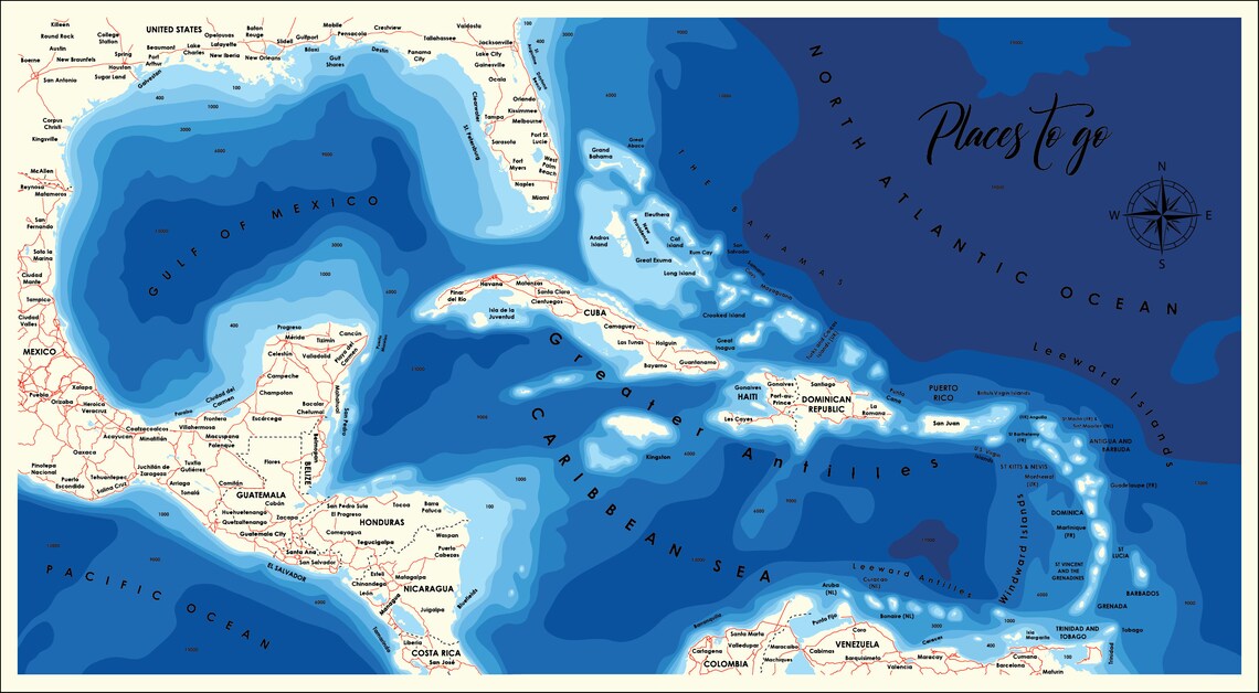 Digital File PDF, SVG - Gulf of Mexico, Caribbean Sea, Bahamas Map ...