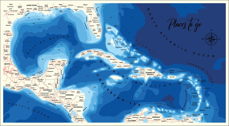 Digital File PDF, SVG - Gulf of Mexico, Caribbean Sea, Bahamas Map ...