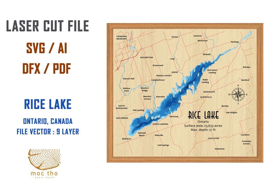 Digital File PDF, SVG - Rice Lake Ontario Map Bathymetric Depth Layers ...